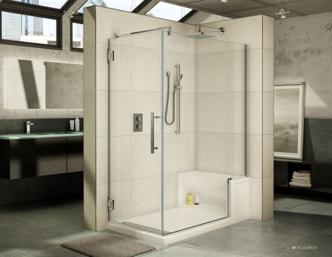 60 X 36 Fleurco Acrylic Shower Base With Bench Seat And Matching 60 X 36 Fleurco Acrylic Shower Base With Bench Seat And Matching