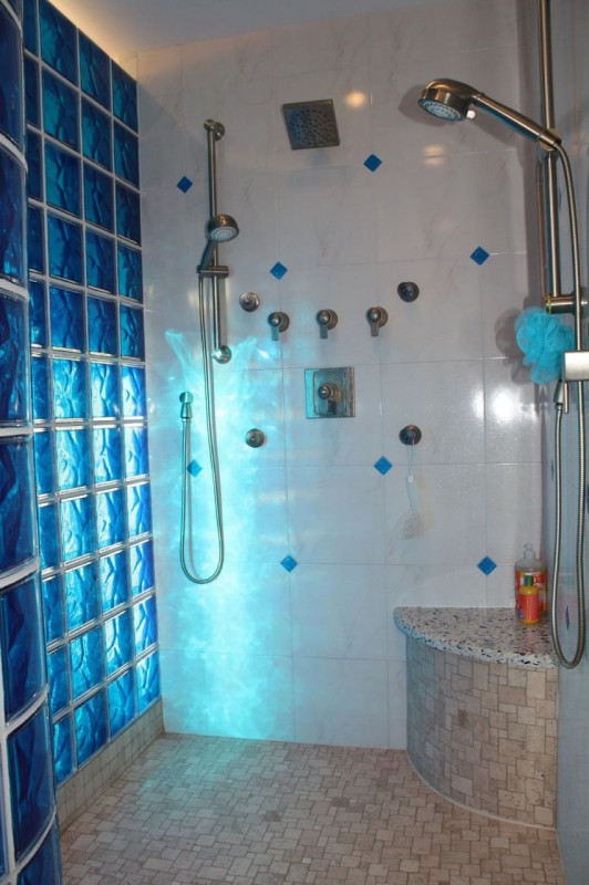 Colored glass block shower in Middleton Wisconsin with a Caribbean Theme